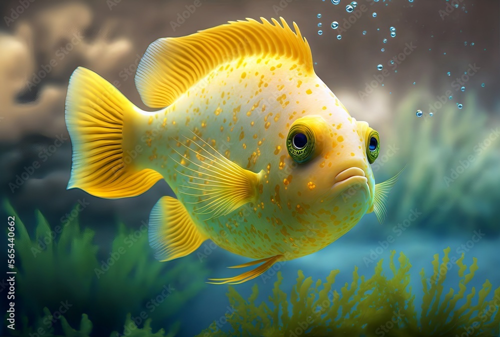 Cute realistic yellow fish on a sea background close-up.Bright yellow ...