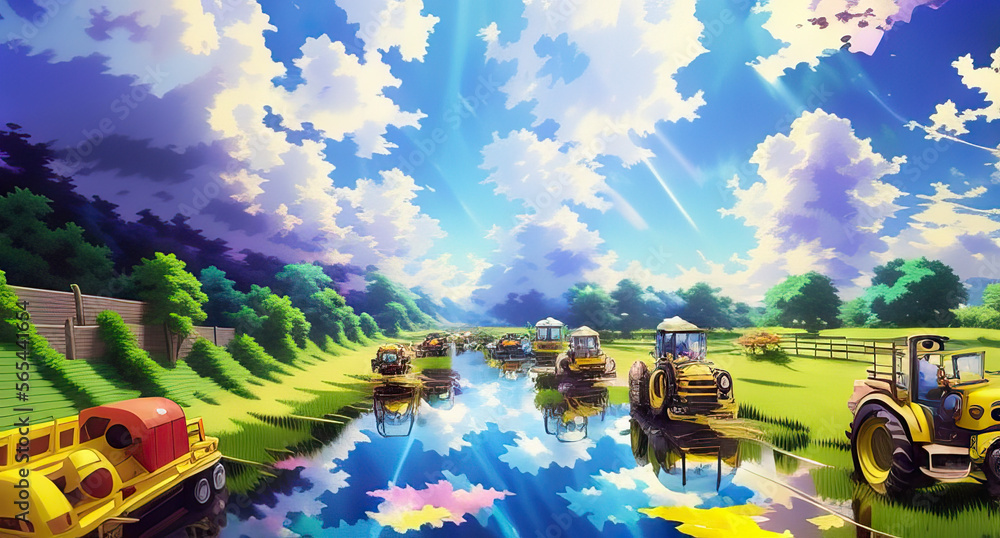 yellow tractors on a reflective river in a beautiful Japanese landscape ...