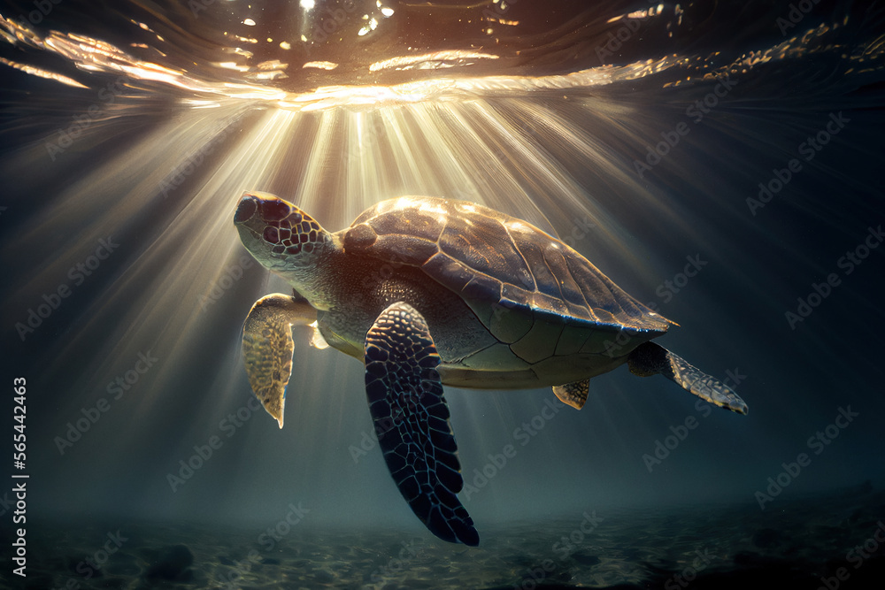 Sea turtle underwater at sea with sun rays. Digitally generated AI ...