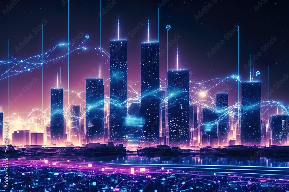 Night city background, with glowing lights, illustration with ...