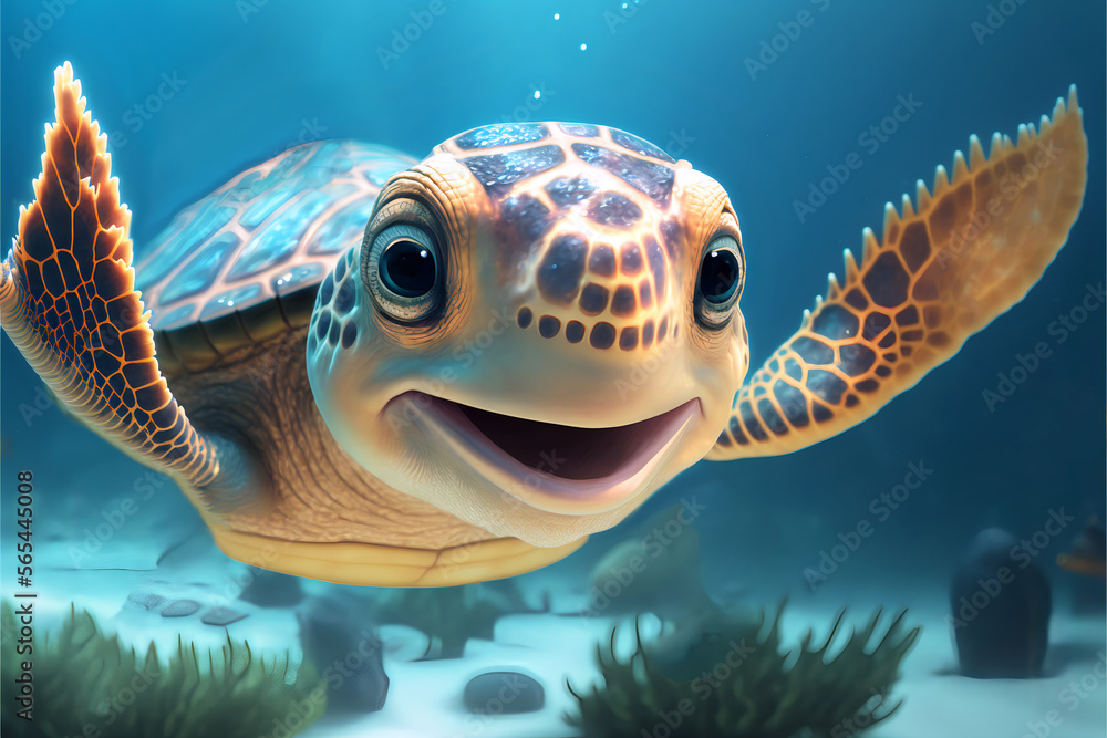 Smiling cartoon baby turtle with big eyes close-up on a background of ...
