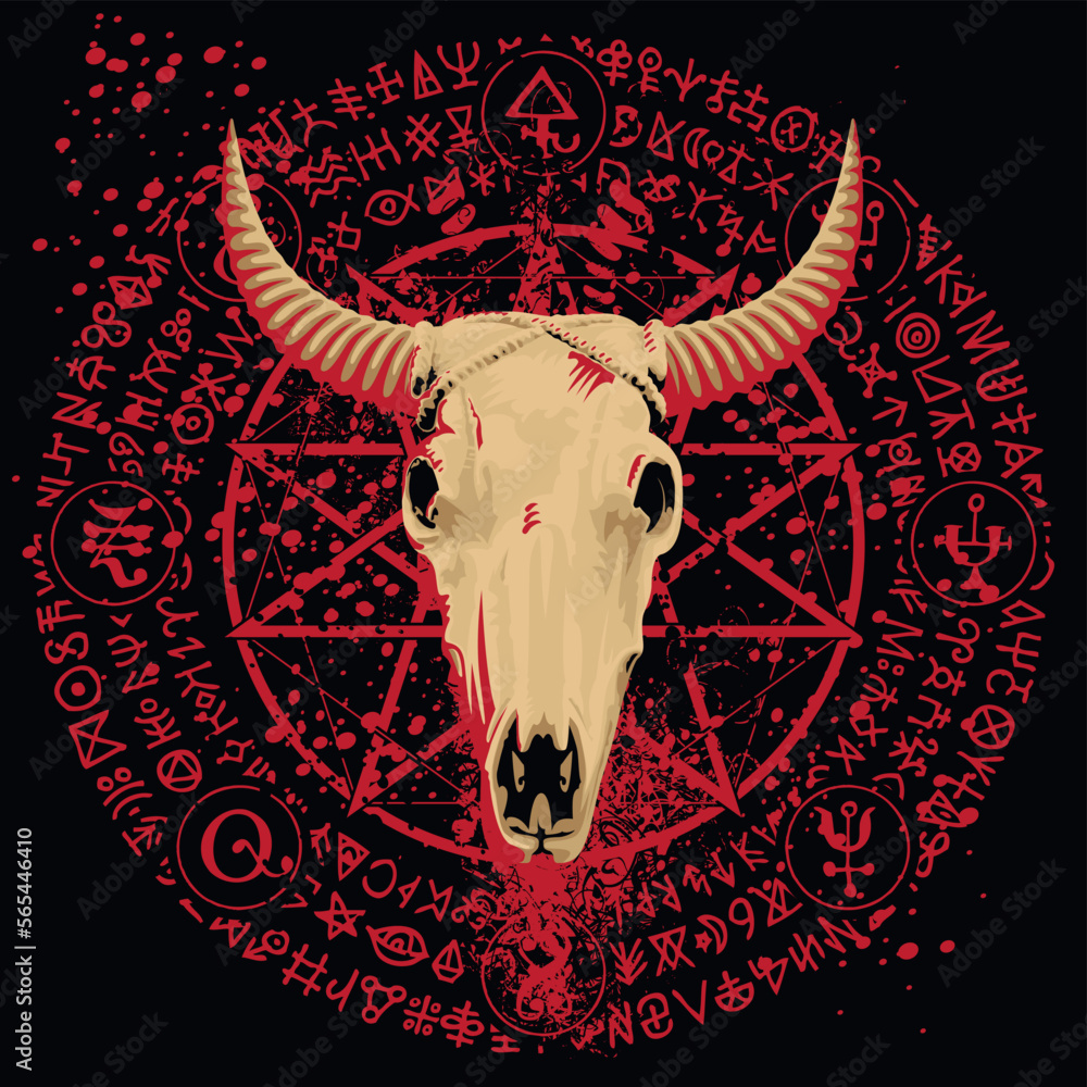 Vector illustration with a horned cow skull, pentagram, occult and ...