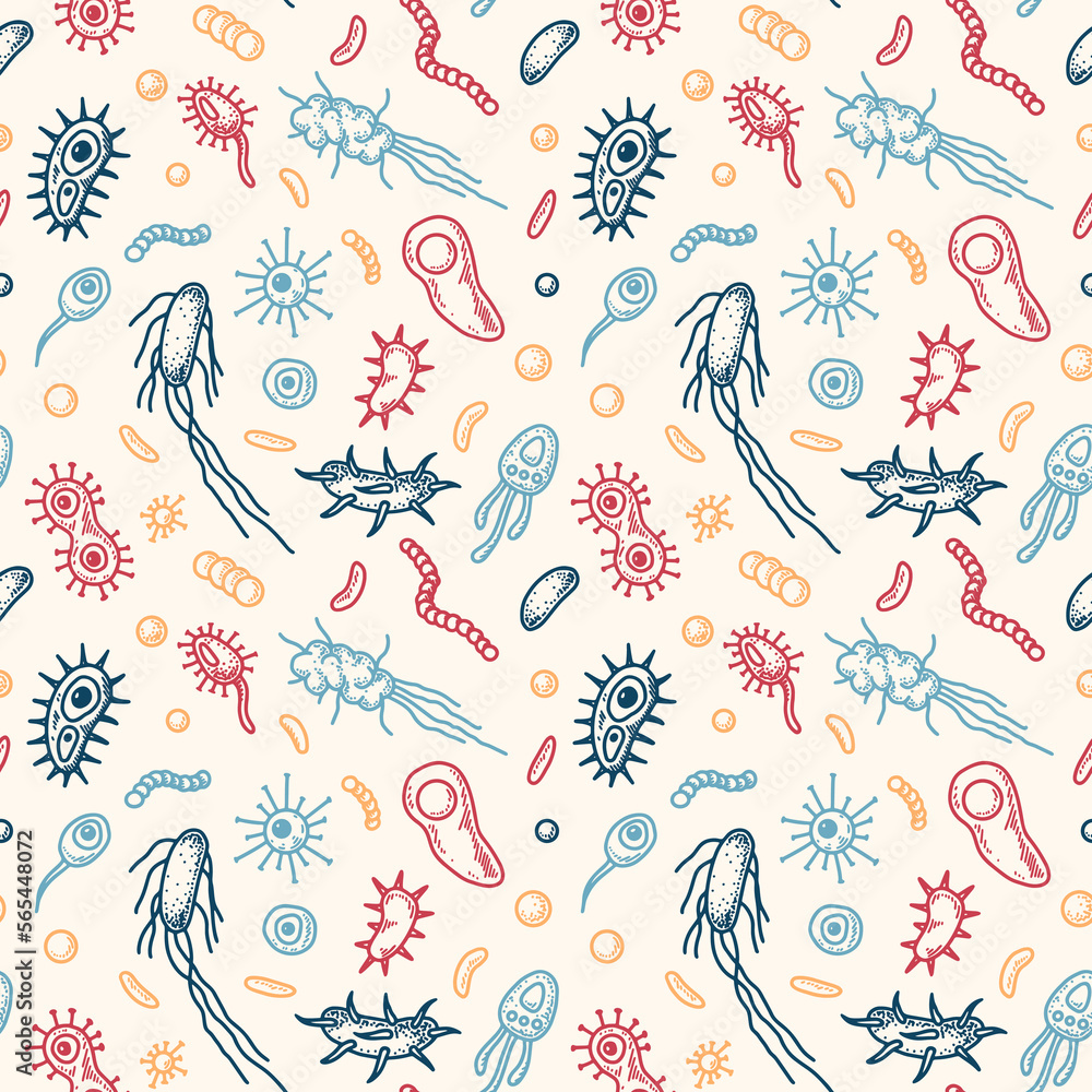 Bacteria seamless pattern. Scientific vector illustration in sketch ...