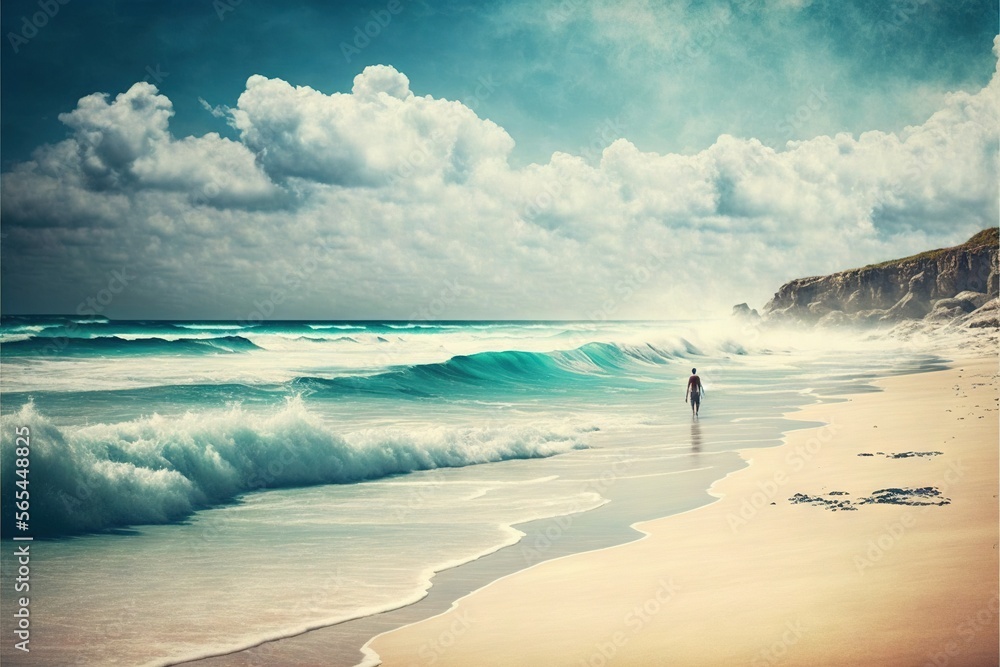 a person standing on a beach near the ocean with waves crashing in ...