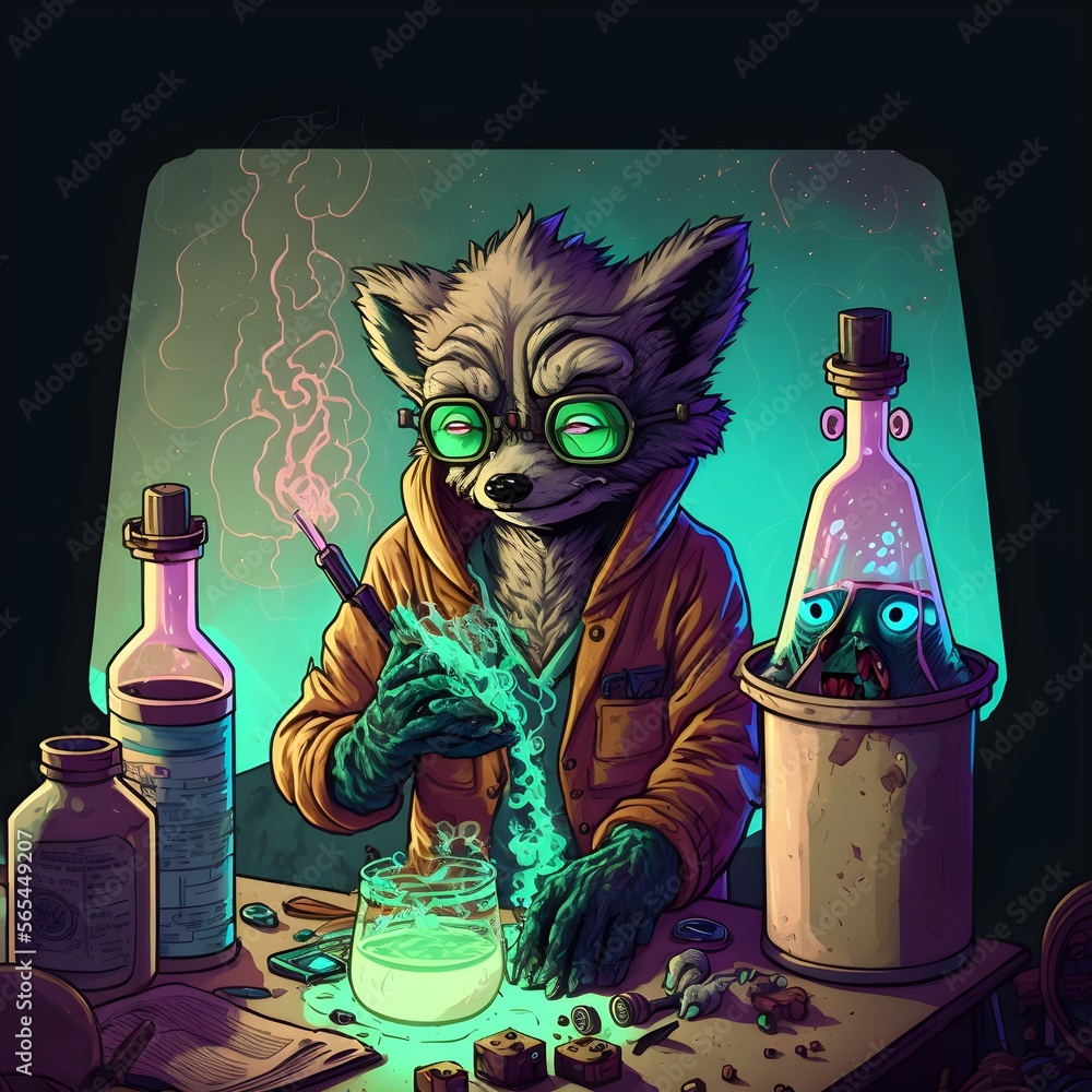 full body mad raccoon scientist with gray hair wearing glasses in a ...