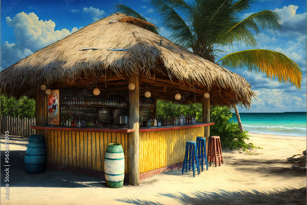 a painting of a tiki bar on the beach with a palm tree in the ...