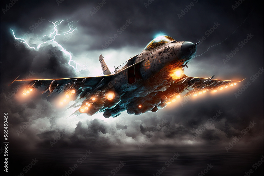 Artistic illustration of a combat jet inside a storm, digital art style ...