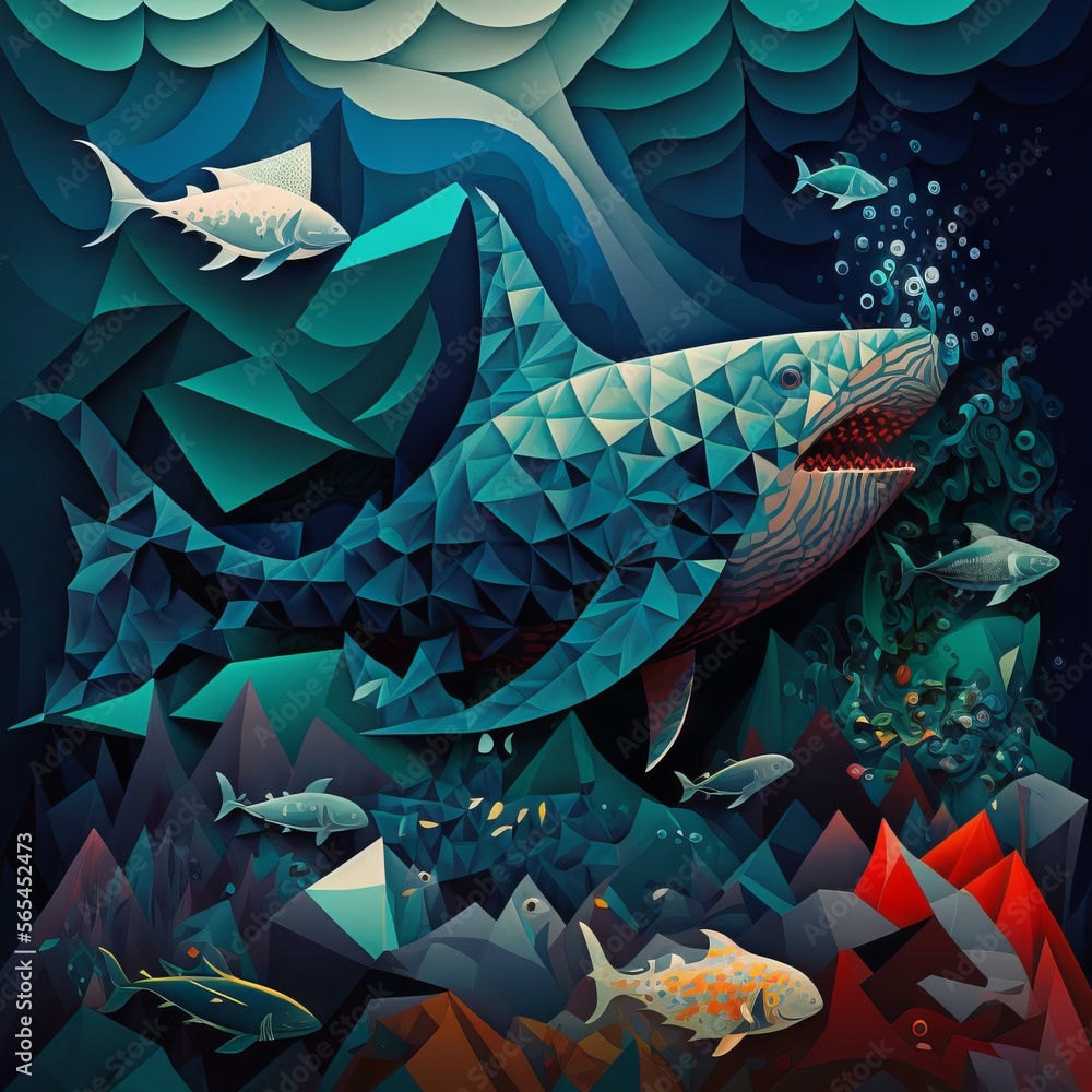 Cubism art with shark and fishes in the ocean. Made with Generative AI ...