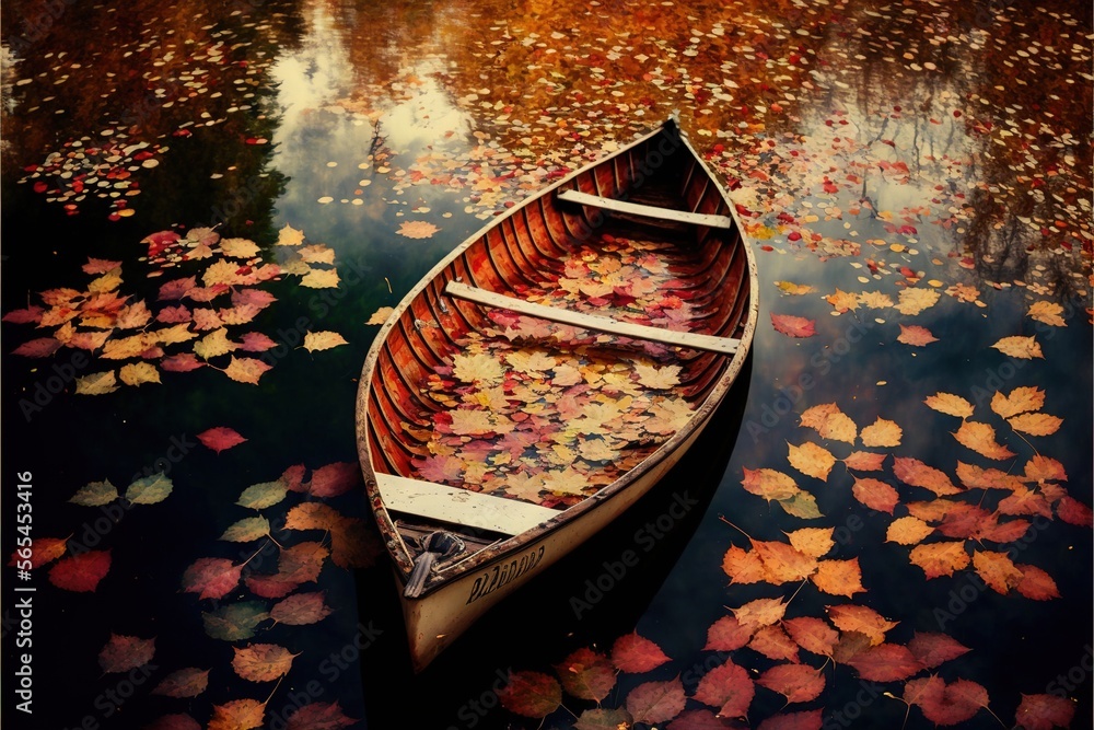 a row boat floating on top of a lake filled with leaves covered water ...