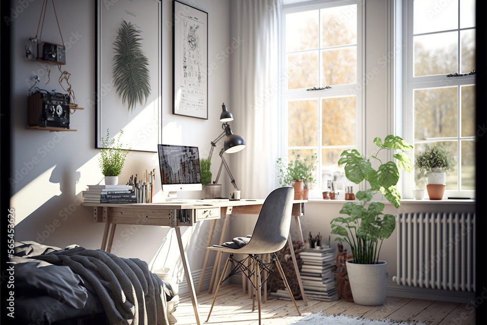 Scandinavian style interior study room with a natural wood desk, a ...