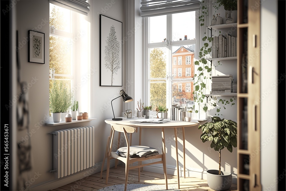 Scandinavian style interior study room with a natural wood desk, a ...