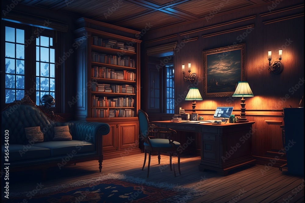 Country interior style study room at night with robust vintage looking ...