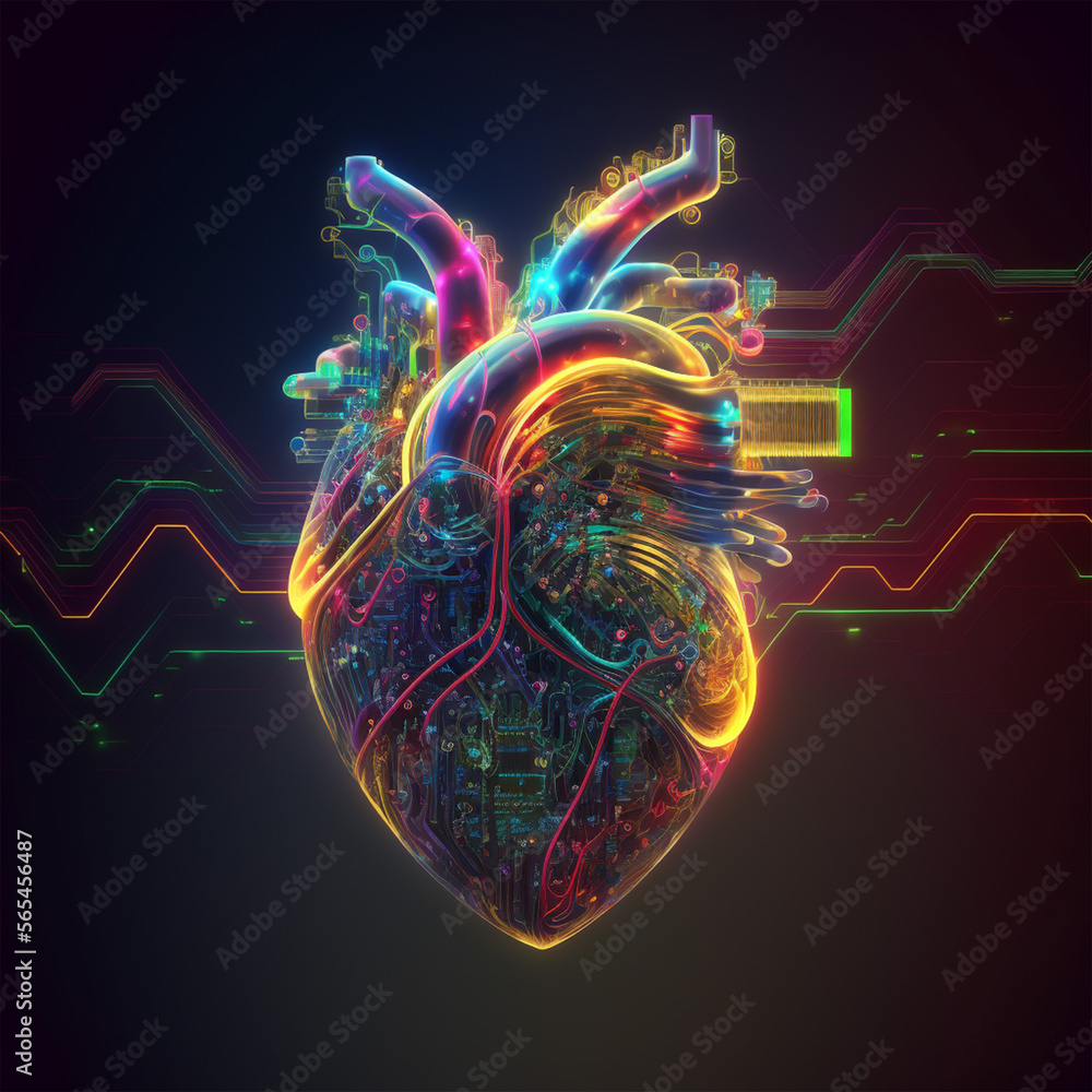 Cyberpunk human heart isolated on black background, colorful and shiny ...