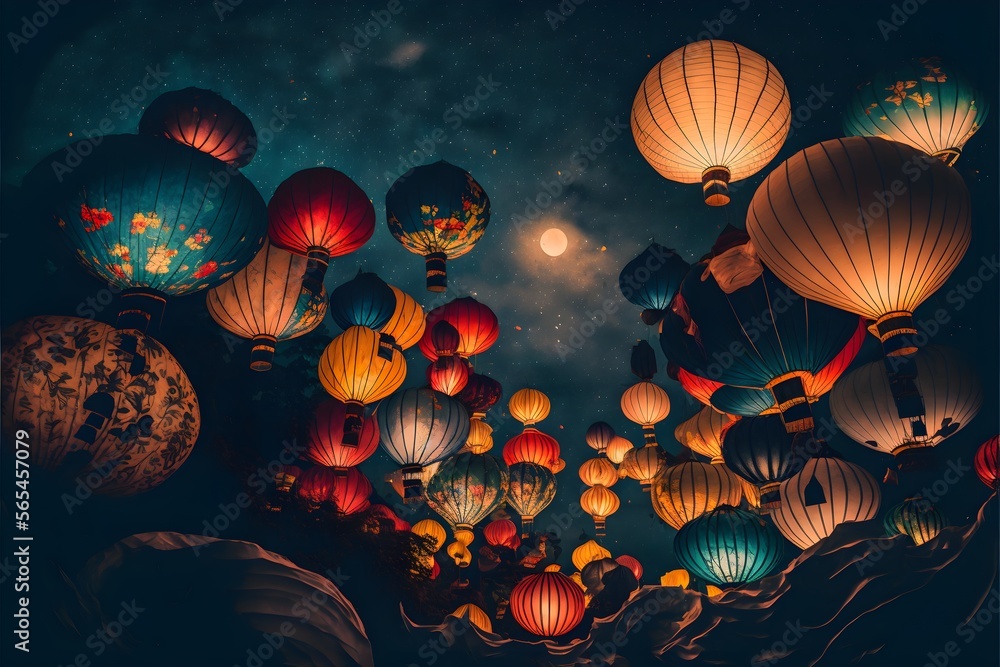 many Chinese lanterns in the night sky river night HD cinematography ...