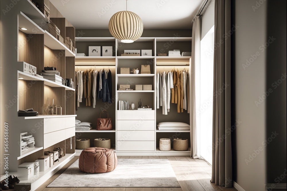 a walk in closet with a large white shelf and a large white ottoman on ...