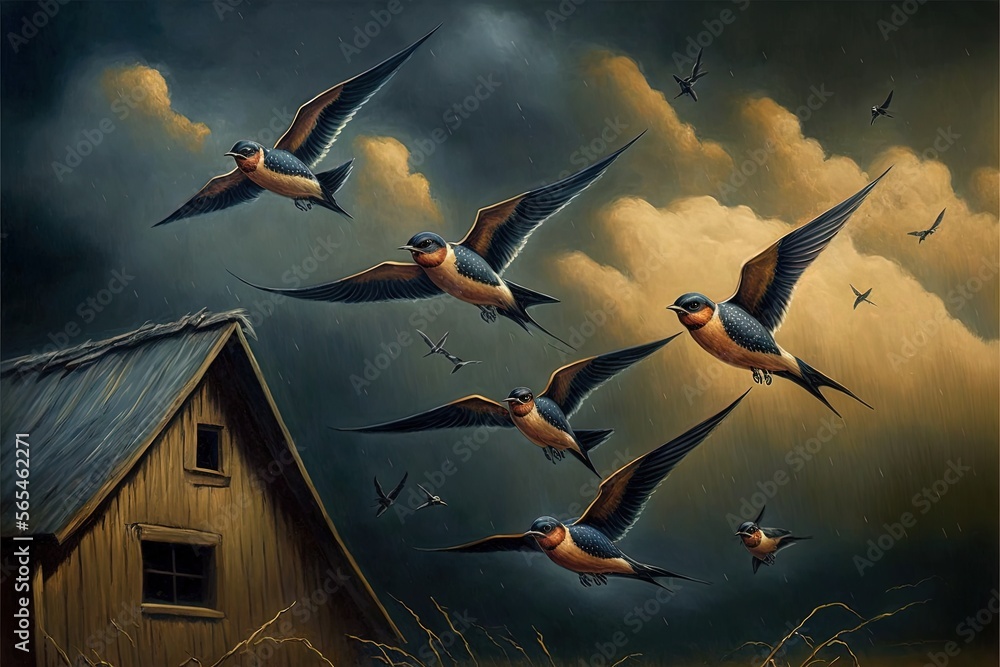 a painting of birds flying over a barn and a barn house in the ...