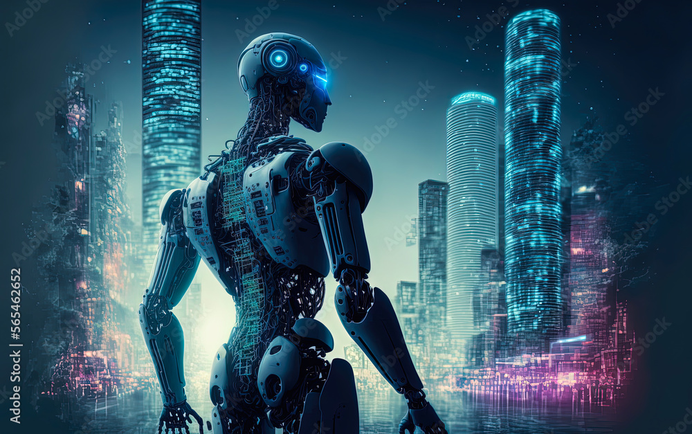 A powerful and strong humanoid robot observes the city and its ...