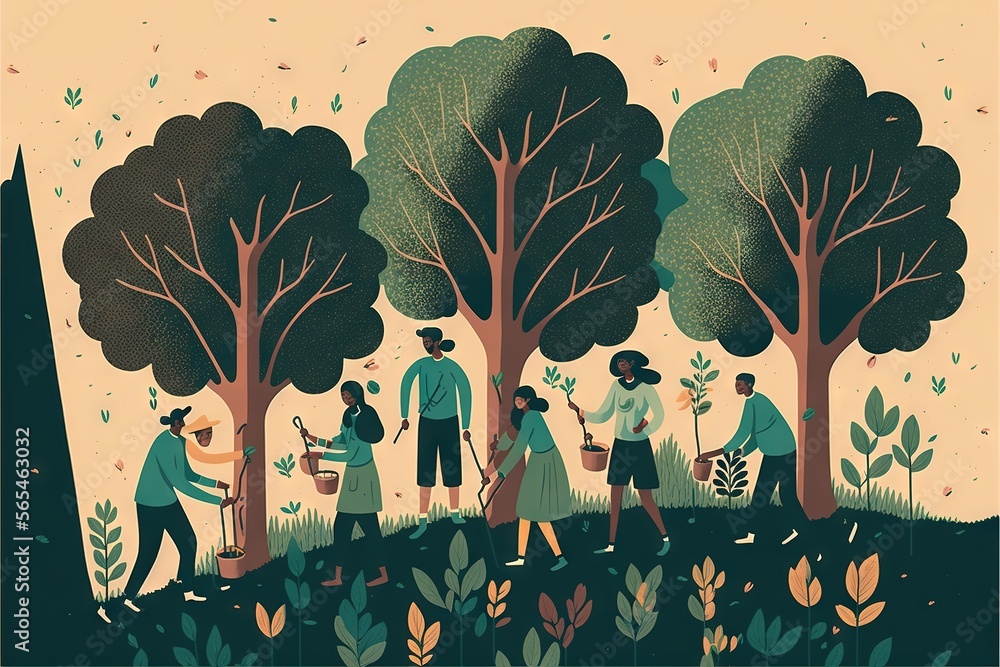 a group of people standing in a forest with trees and plants on the ...