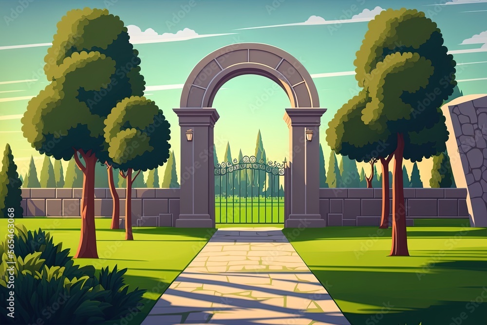 Scene from a city park in the summer, with a stone arch, a metal fence ...