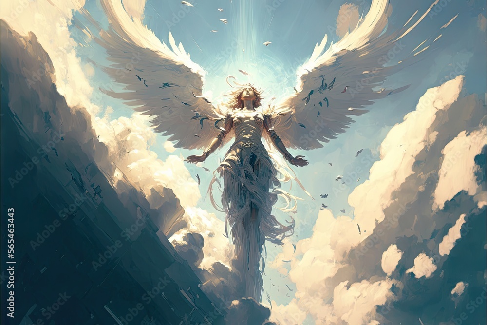 The angel descends from the clouds, its wings spread wide as it looks ...