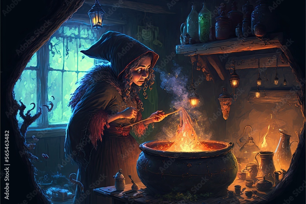The witch bends over a bubbling cauldron, carefully measuring out ...