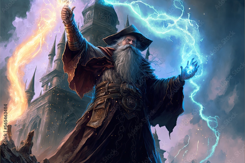The wizard, dressed in flowing robes, stands at the top of a tall tower ...