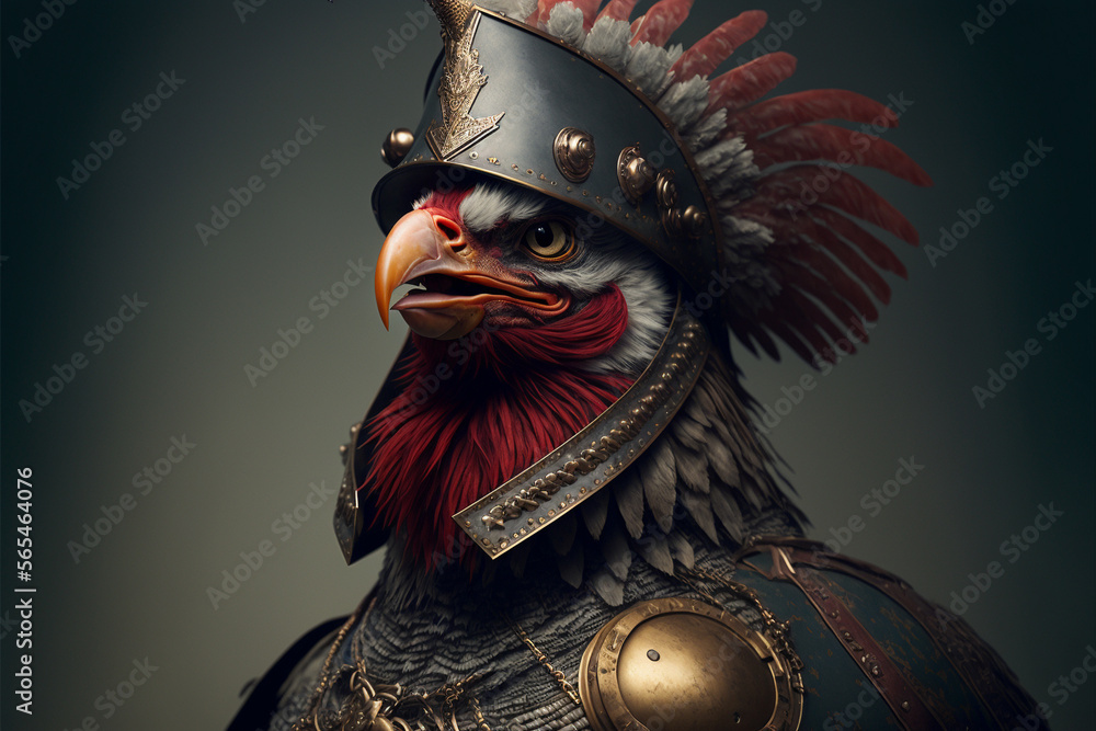 Chicken animal portrait dressed as a warrior fighter or combatant ...
