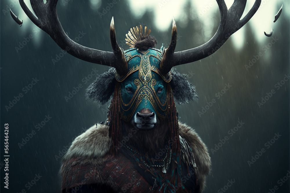 Elk animal portrait dressed as a warrior fighter or combatant soldier ...