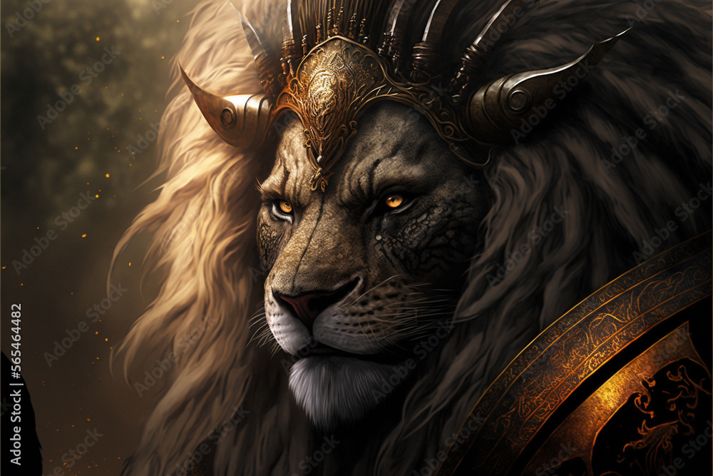 Lion animal portrait dressed as a warrior fighter or combatant soldier ...