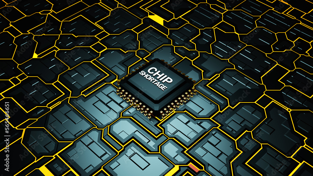 Chip shortage text on motherboard chip, 3D electronic circuit board ...