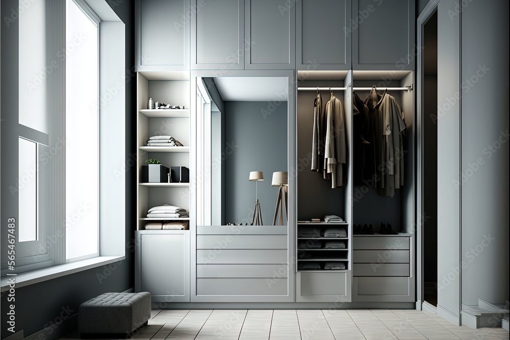 a walk in closet with a large mirror and a bench in front of it and a ...