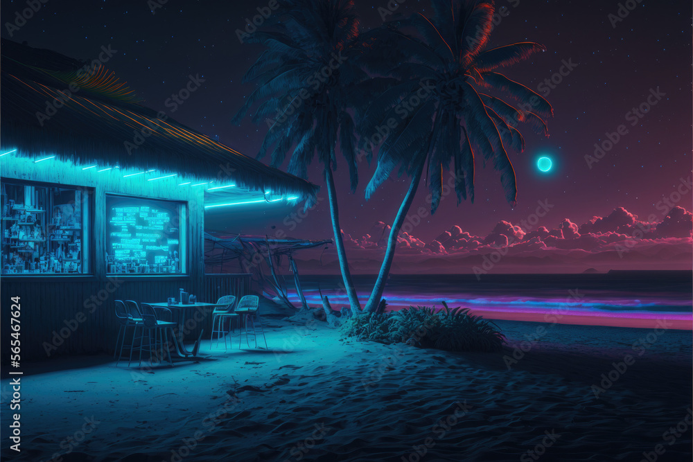 Beach at night with neon lights — Generative AI Stock Illustration ...