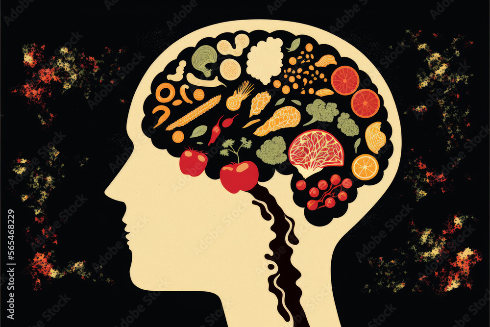 Food in a shape of a brain on dark background. Nutrition concept ...