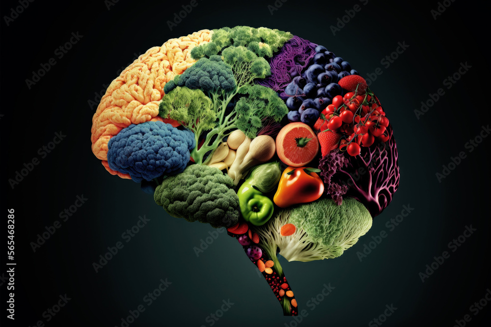 Food in a shape of a brain on dark background. Nutrition concept ...