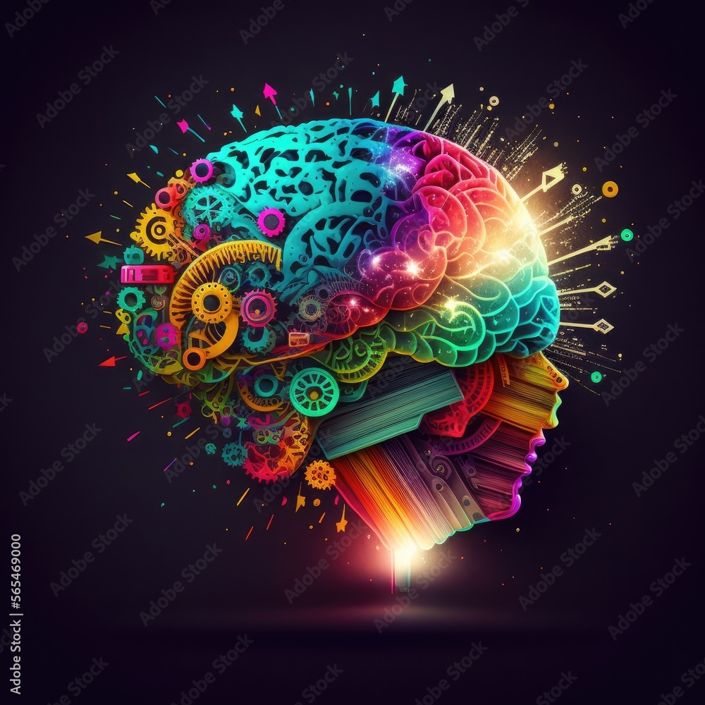 Colorful brain with many gears. Creative and analytical thinking ...