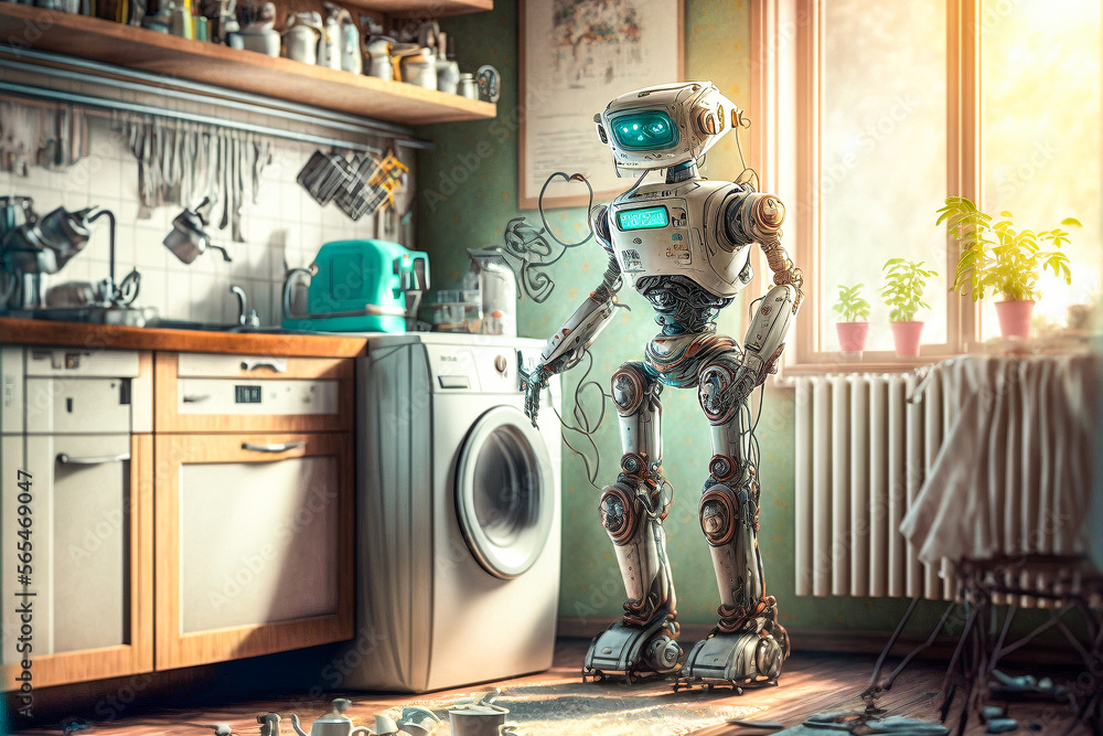 ภาพประกอบสต็อก Robot effectuant des tâches ménagères dans une maison ...