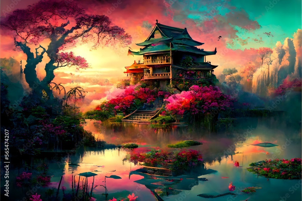 Japanese castle with Japanese Garden waterfall Pond Lily Pads ...