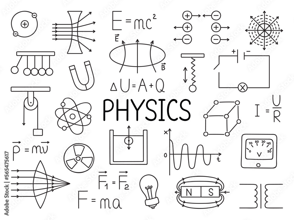 Physics doodle set. Education and study concept. School equipment ...