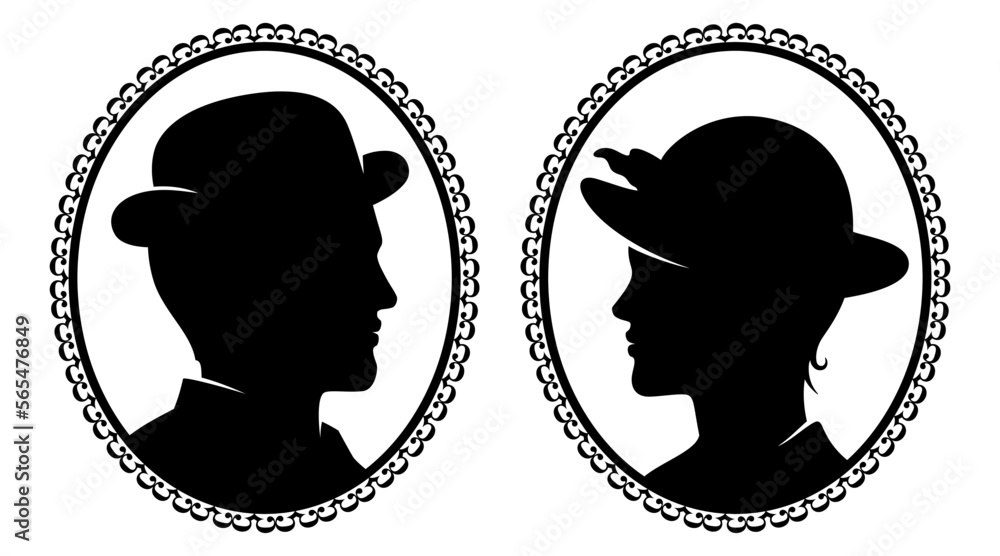Victorian man and woman portraits in vintage style frames, black ...