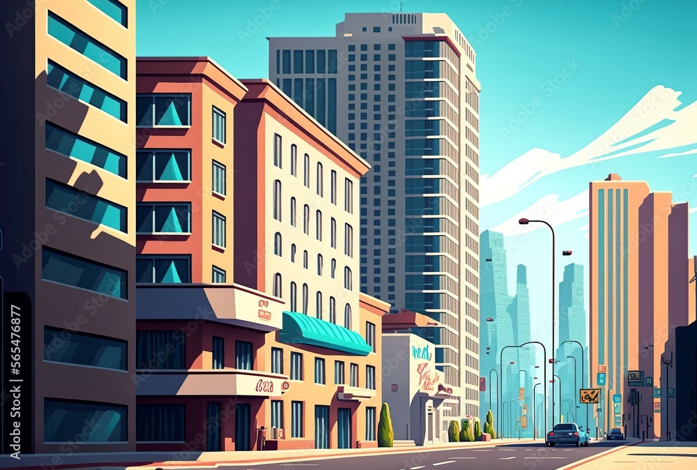 cartoon illustration, facades of buildings and houses in the city ...