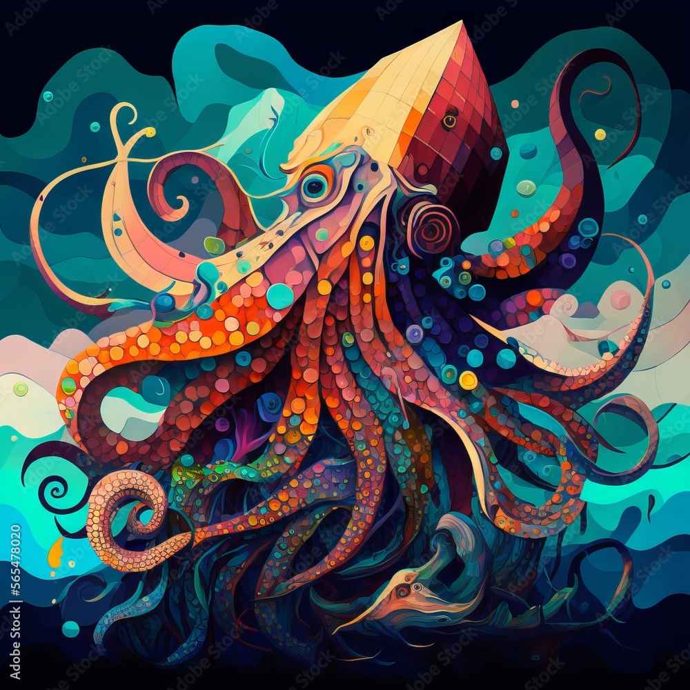 Cubism art of giant octopus in the ocean. Made with Generative AI ...