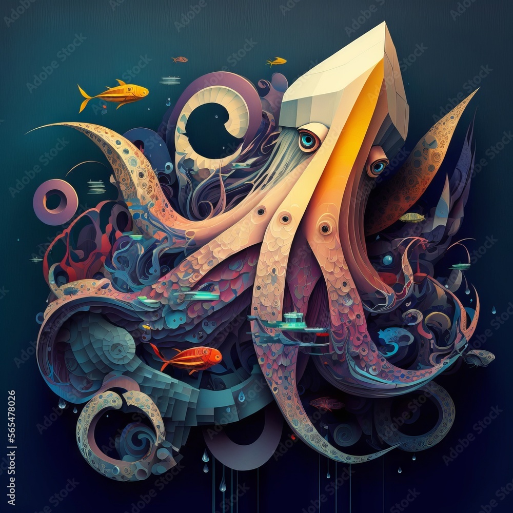 Cubism art of giant octopus in the ocean. Made with Generative AI ...