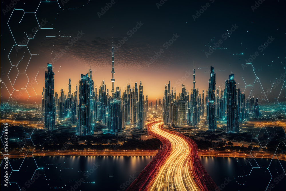 Futuristic abstract city a hub of technology and progress. Metaverse cyber concept idea ...