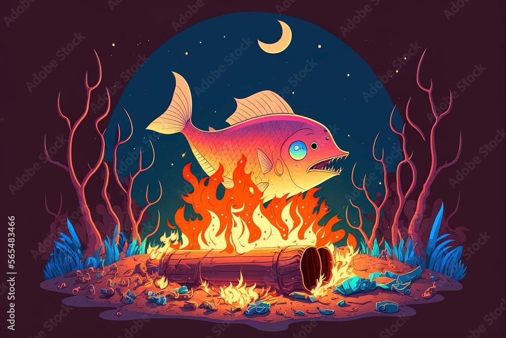 fish-like cartoon of a blazing campfire Generative AI Stock ...