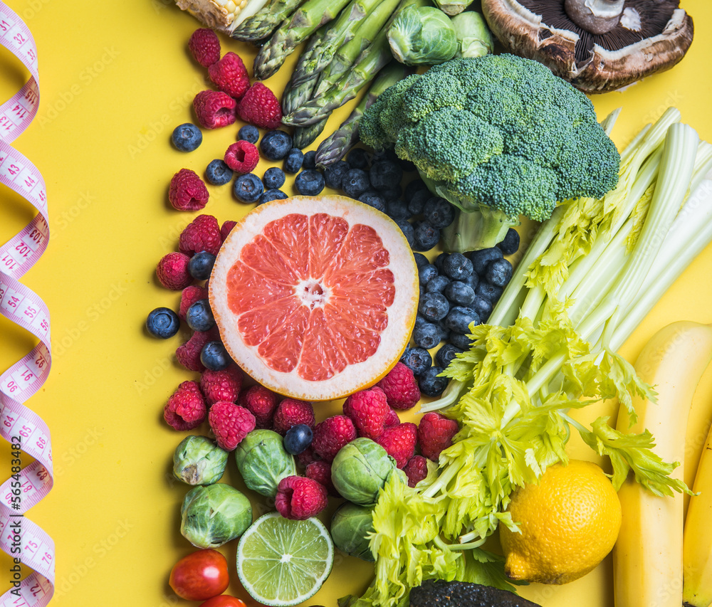 Choice of healthy food for heart, life concept on a color background ...