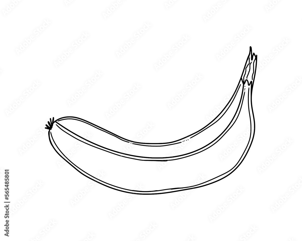 Banana, freehand drawing of the fruit, with a black outline, on a ...