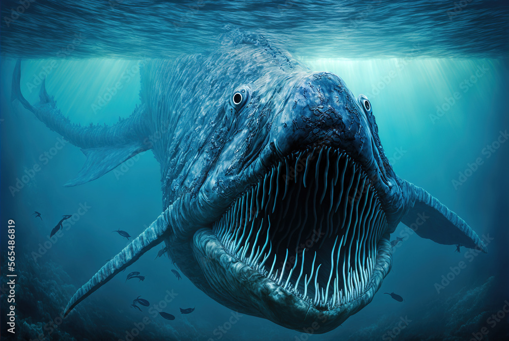 Sea monster open its mouth with teeth, fantasy underwater creature ...