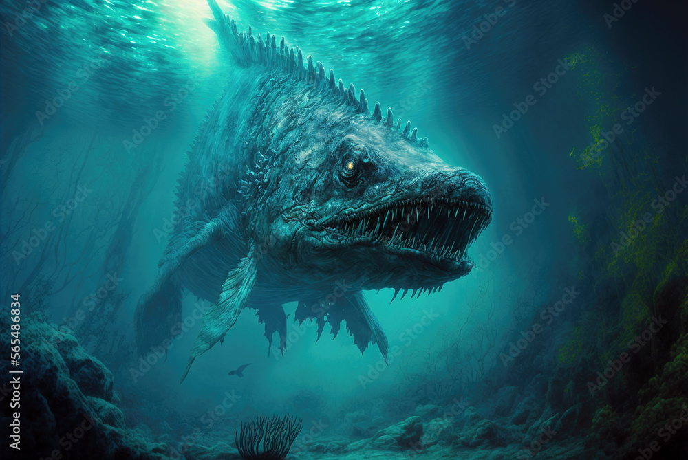 Sea monster open its mouth with teeth, fantasy underwater creature ...