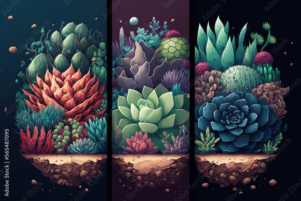 Succulent and cactus plants triptych over dark background. Banner ...