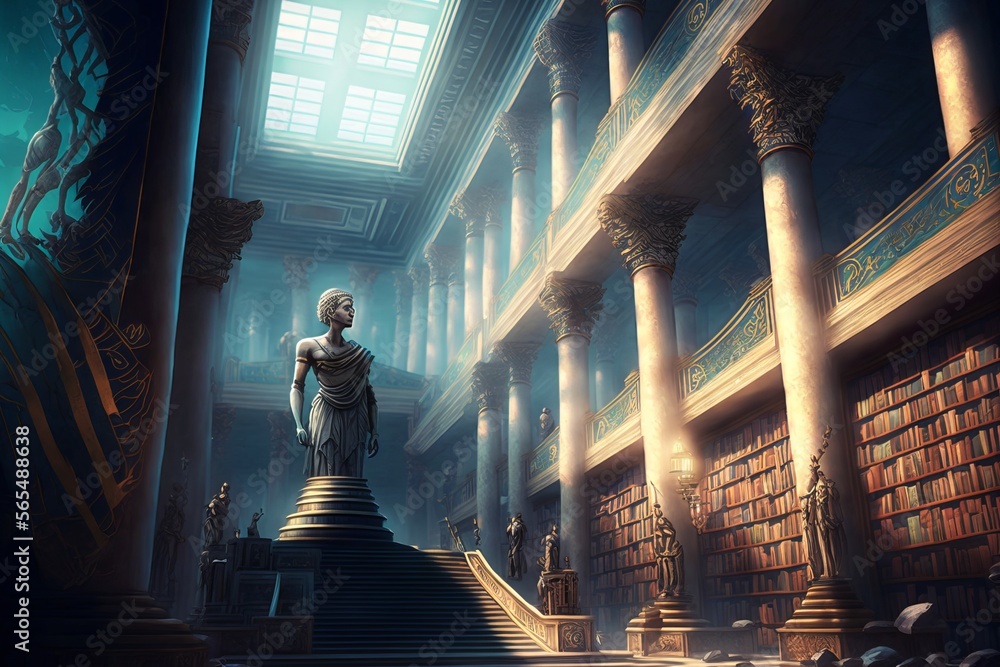 The Hallway of the Great Library of Alexandria, the large columns and ...